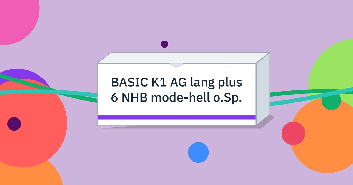 Symbolbild: Packung mit der Aufschrift BASIC K1 AG lang plus 6 NHB mode-hell o.Sp. (PZN 20261843) – Verfügbarkeit und Bezug in Apotheken in Frankfurt am Main