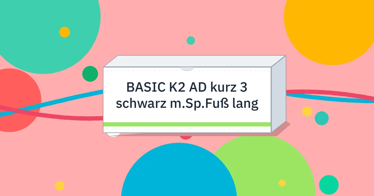 Symbolbild: Packung mit der Aufschrift BASIC K2 AD kurz 3 schwarz m.Sp.Fuß lang (PZN 20264310) – Verfügbarkeit und Bezug in Apotheken in Frankfurt am Main