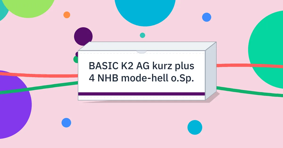 Symbolbild: Packung mit der Aufschrift BASIC K2 AG kurz plus 4 NHB mode-hell o.Sp. (PZN 20267627) – Verfügbarkeit und Bezug in Apotheken in Frankfurt am Main