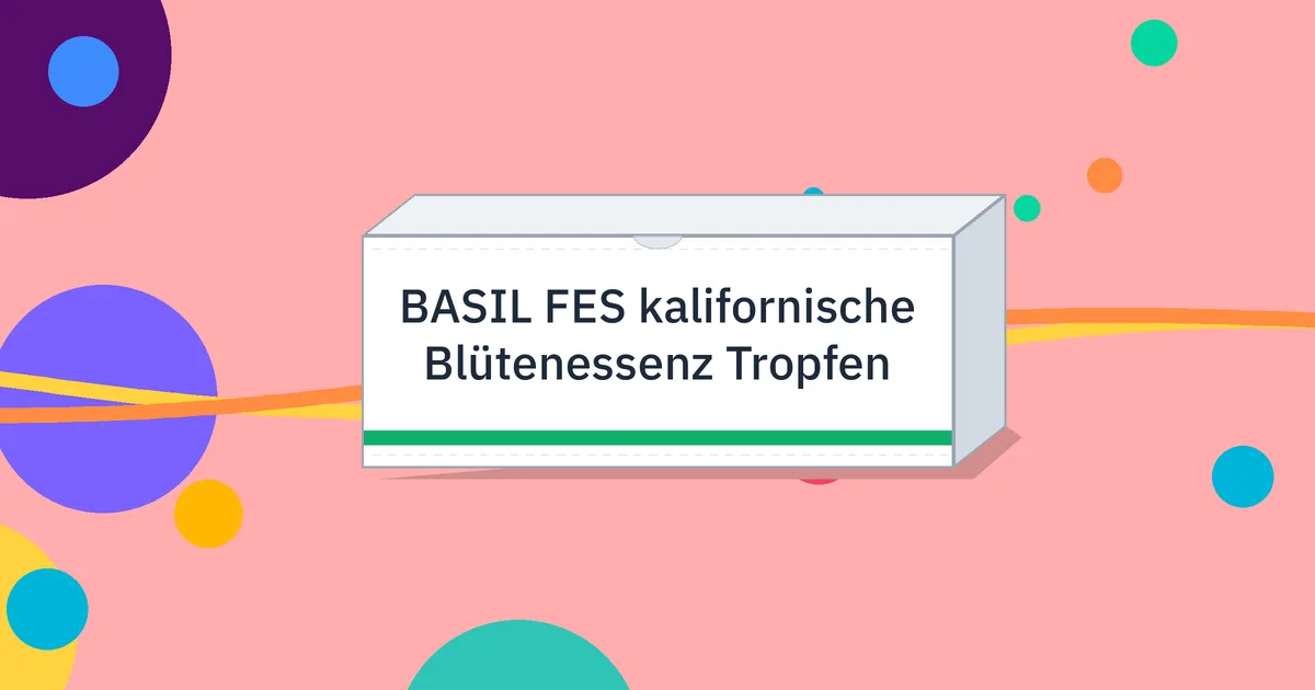 Symbolbild: Packung mit der Aufschrift BASIL FES kalifornische Blütenessenz Tropfen (PZN 09171944) – Verfügbarkeit und Bezug in Apotheken in Frankfurt am Main