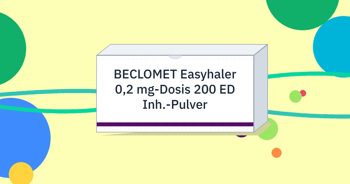 Symbolbild: Packung mit der Aufschrift BECLOMET Easyhaler 0,2 mg-Dosis 200 ED Inh.-Pulver (PZN 06101802) – Verfügbarkeit und Bezug in Apotheken in Frankfurt am Main
