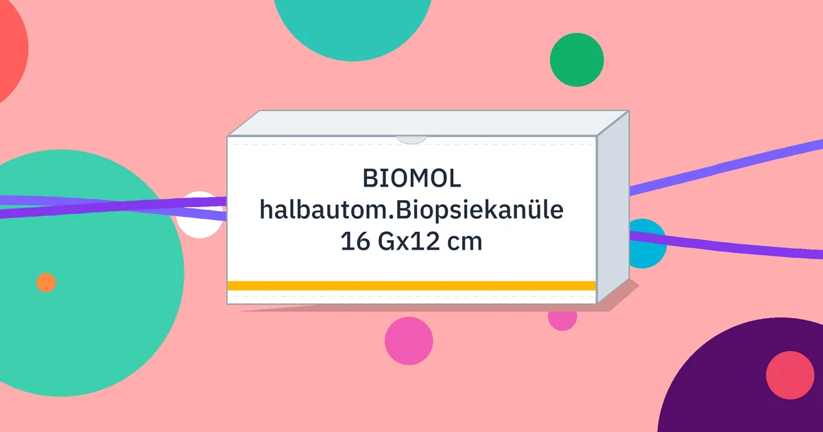 Symbolbild: Packung mit der Aufschrift BIOMOL halbautom.Biopsiekanüle 16 Gx12 cm (PZN 06123689) – Verfügbarkeit und Bezug in Apotheken in Frankfurt am Main