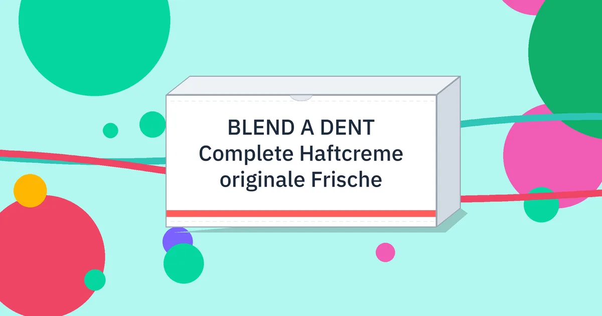Symbolbild: Packung mit der Aufschrift BLEND A DENT Complete Haftcreme originale Frische (PZN 19882043) – Verfügbarkeit und Bezug in Apotheken in Frankfurt am Main