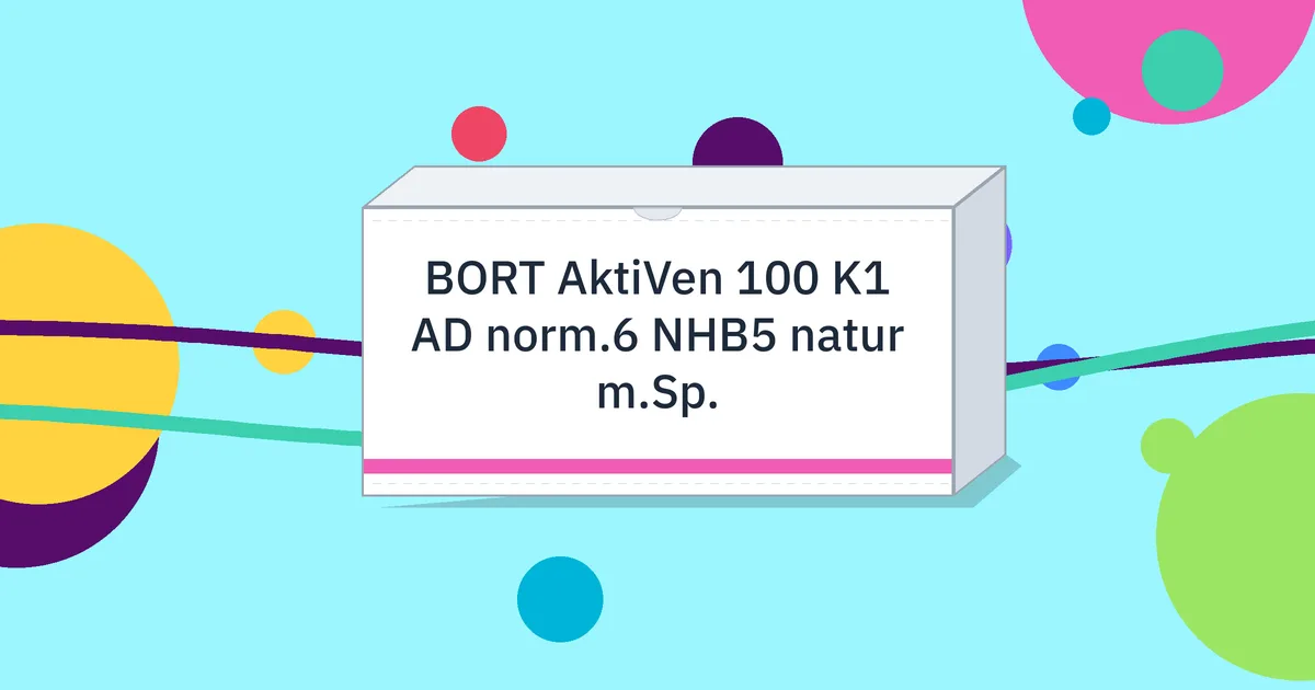 Symbolbild: Packung mit der Aufschrift BORT AktiVen 100 K1 AD norm.6 NHB5 natur m.Sp. (PZN 17493679) – Verfügbarkeit und Bezug in Apotheken in Frankfurt am Main