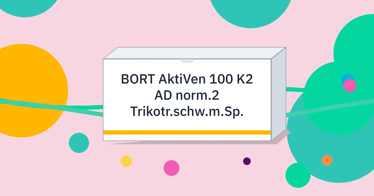 Symbolbild: Packung mit der Aufschrift BORT AktiVen 100 K2 AD norm.2 Trikotr.schw.m.Sp. (PZN 14386693) – Verfügbarkeit und Bezug in Apotheken in Frankfurt am Main