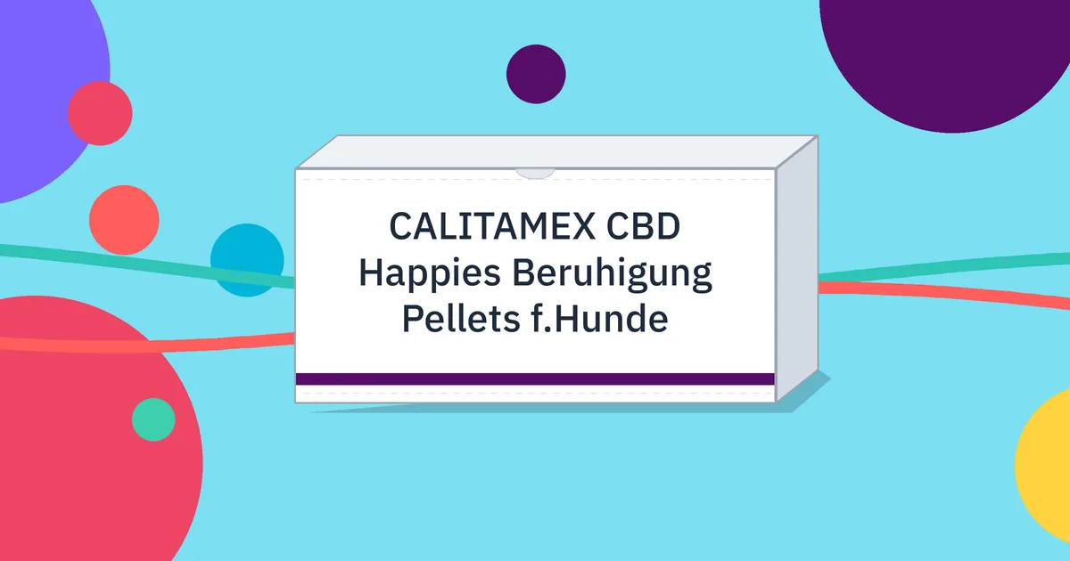 Symbolbild: Packung mit der Aufschrift CALITAMEX CBD Happies Beruhigung Pellets f.Hunde (PZN 19649134) – Verfügbarkeit und Bezug in Apotheken in Frankfurt am Main