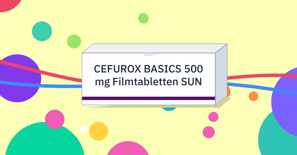 Symbolbild: Packung mit der Aufschrift CEFUROX BASICS 500 mg Filmtabletten SUN (PZN 12585201) – Verfügbarkeit und Bezug in Apotheken in Frankfurt am Main
