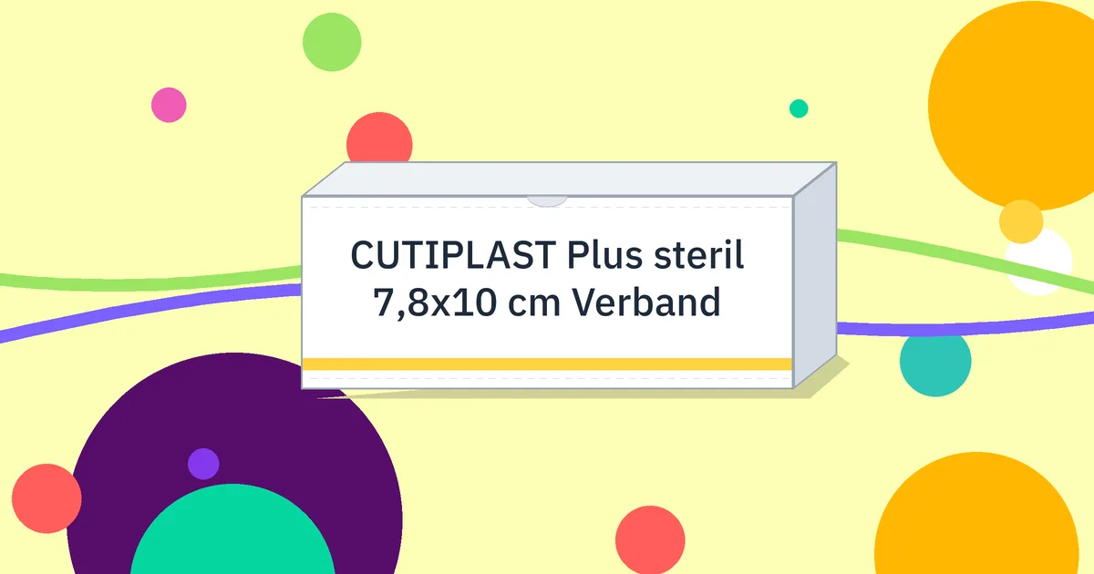 Symbolbild: Packung mit der Aufschrift CUTIPLAST Plus steril 7,8x10 cm Verband (PZN 15403910) – Verfügbarkeit und Bezug in Apotheken in Frankfurt am Main