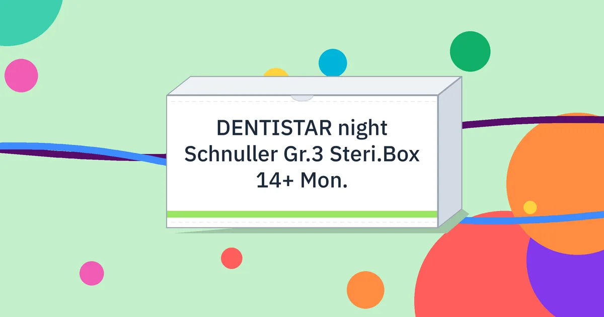 Symbolbild: Packung mit der Aufschrift DENTISTAR night Schnuller Gr.3 Steri.Box 14+ Mon. (PZN 16008593) – Verfügbarkeit und Bezug in Apotheken in Frankfurt am Main