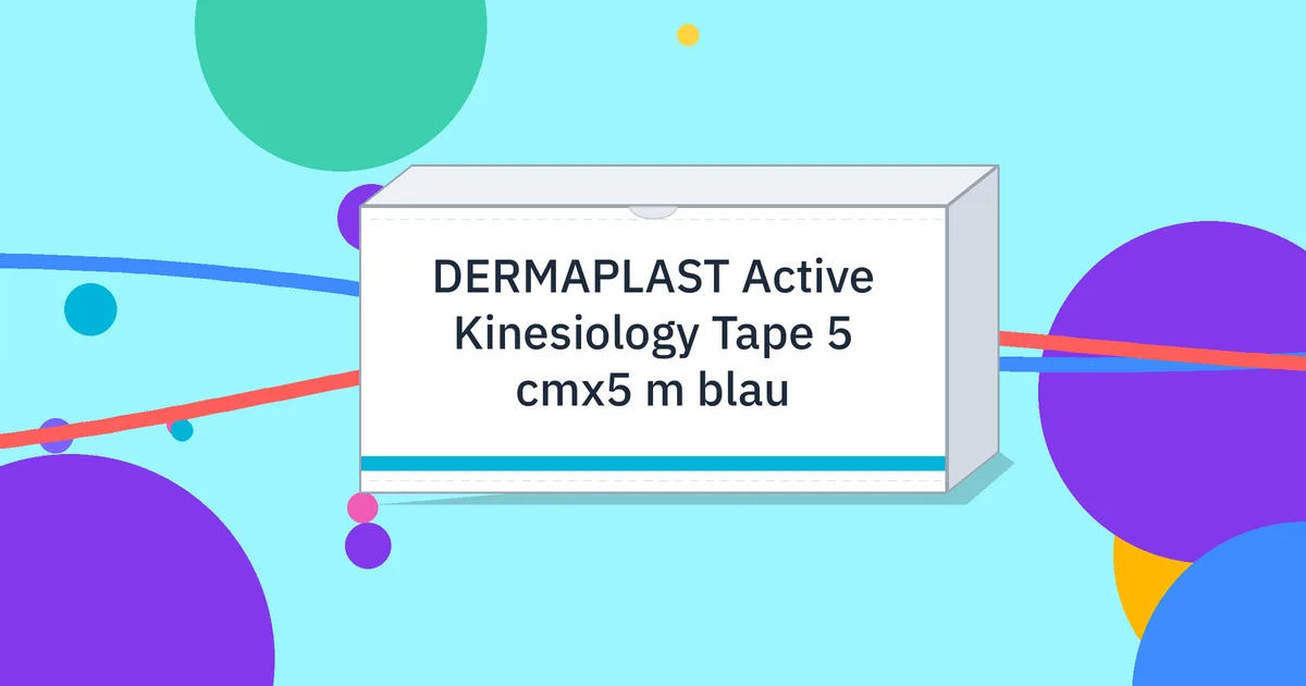 Symbolbild: Packung mit der Aufschrift DERMAPLAST Active Kinesiology Tape 5 cmx5 m blau (PZN 19453684) – Verfügbarkeit und Bezug in Apotheken in Frankfurt am Main