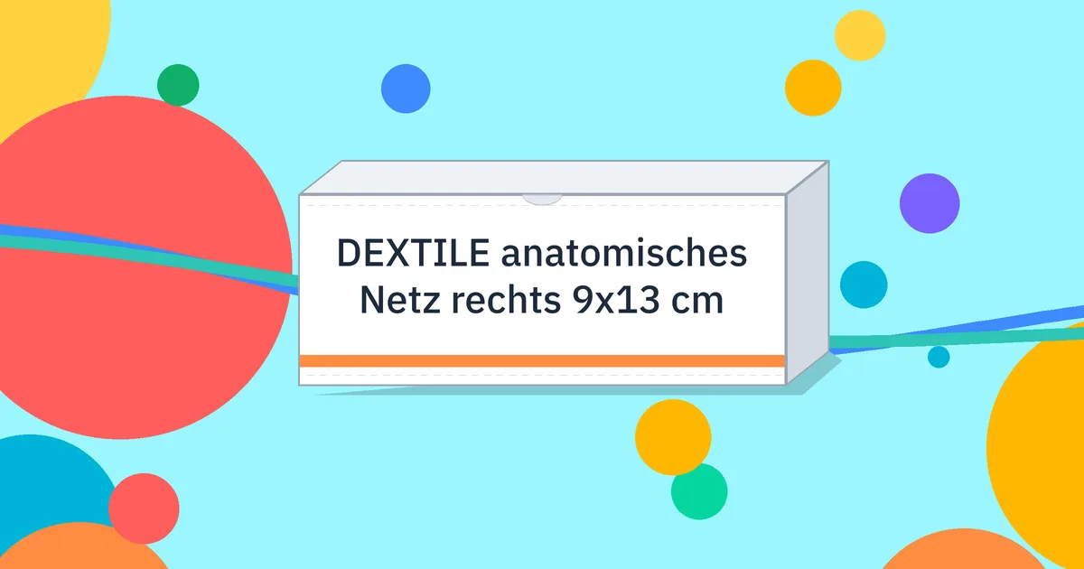 Symbolbild: Packung mit der Aufschrift DEXTILE anatomisches Netz rechts 9x13 cm (PZN 18257857) – Verfügbarkeit und Bezug in Apotheken in Frankfurt am Main