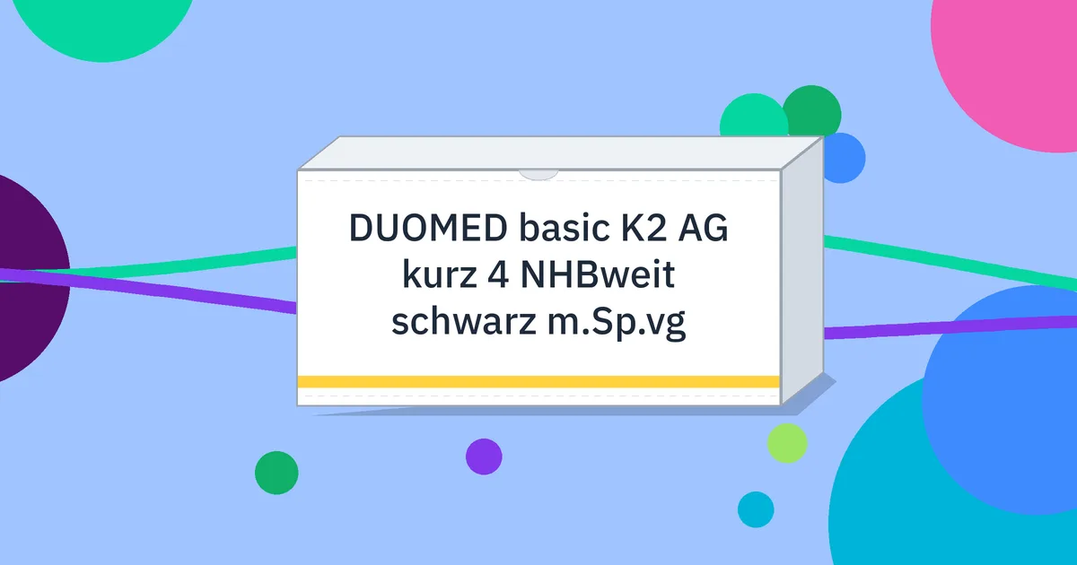 Symbolbild: Packung mit der Aufschrift DUOMED basic K2 AG kurz 4 NHBweit schwarz m.Sp.vg (PZN 20908598) – Verfügbarkeit und Bezug in Apotheken in Frankfurt am Main