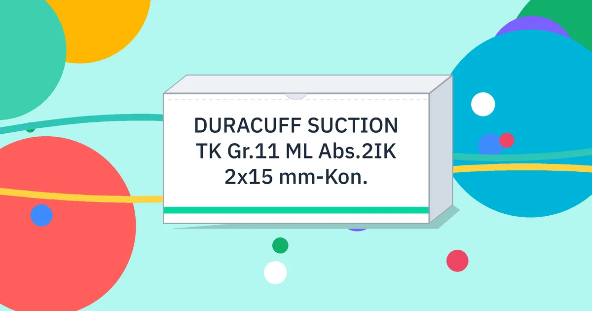 Symbolbild: Packung mit der Aufschrift DURACUFF SUCTION TK Gr.11 ML Abs.2IK 2x15 mm-Kon. (PZN 04961268) – Verfügbarkeit und Bezug in Apotheken in Frankfurt am Main