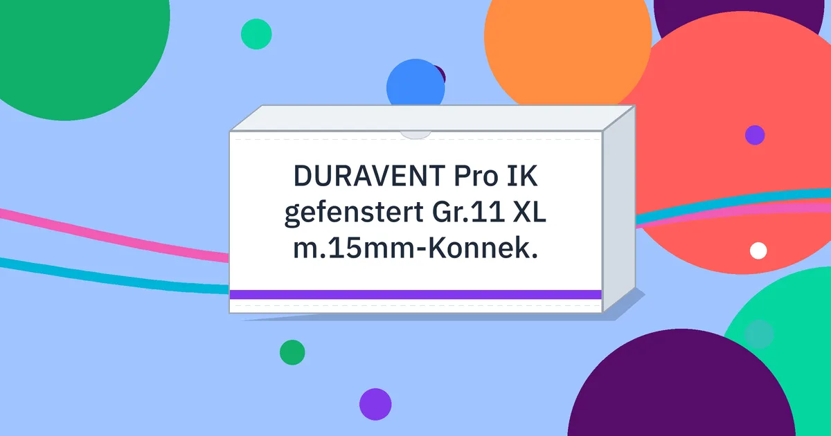 Symbolbild: Packung mit der Aufschrift DURAVENT Pro IK gefenstert Gr.11 XL m.15mm-Konnek. (PZN 19243308) – Verfügbarkeit und Bezug in Apotheken in Frankfurt am Main