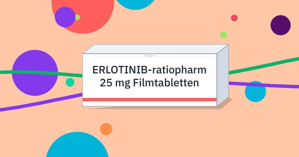 Symbolbild: Packung mit der Aufschrift ERLOTINIB-ratiopharm 25 mg Filmtabletten (PZN 16045418) – Verfügbarkeit und Bezug in Apotheken in Frankfurt am Main