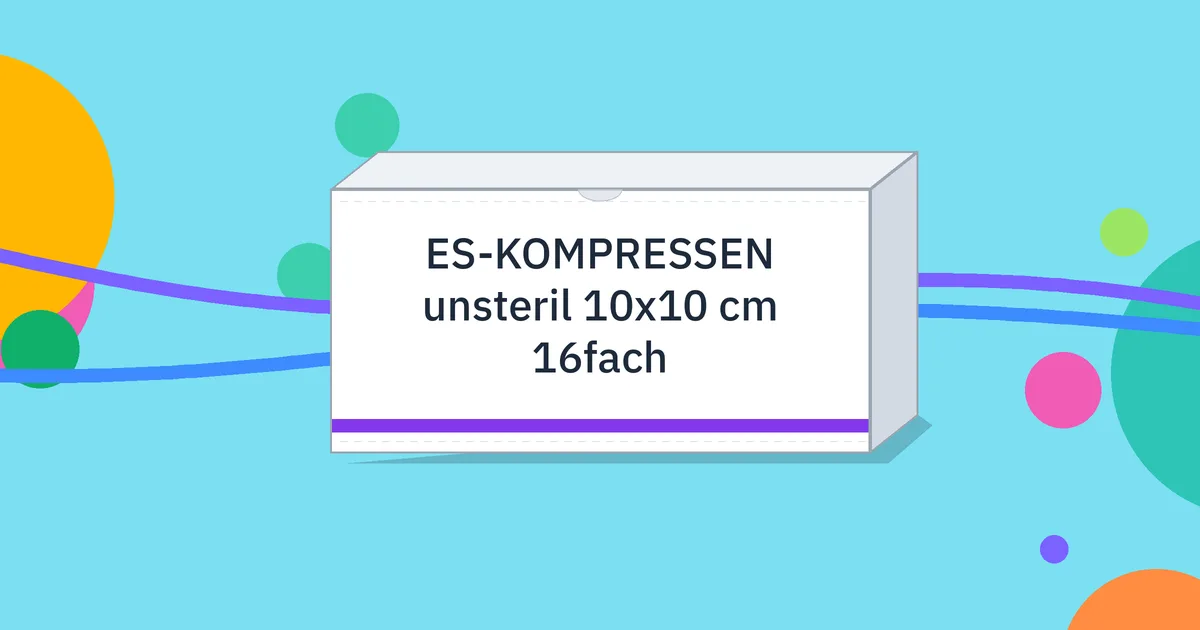 Symbolbild: Packung mit der Aufschrift ES-KOMPRESSEN unsteril 10x10 cm 16fach (PZN 16226054) – Verfügbarkeit und Bezug in Apotheken in Frankfurt am Main
