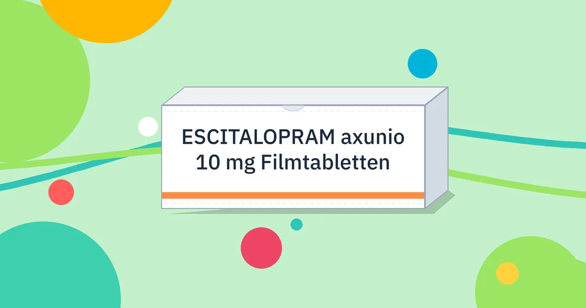 Symbolbild: Packung mit der Aufschrift ESCITALOPRAM axunio 10 mg Filmtabletten (PZN 18044311) – Verfügbarkeit und Bezug in Apotheken in Frankfurt am Main