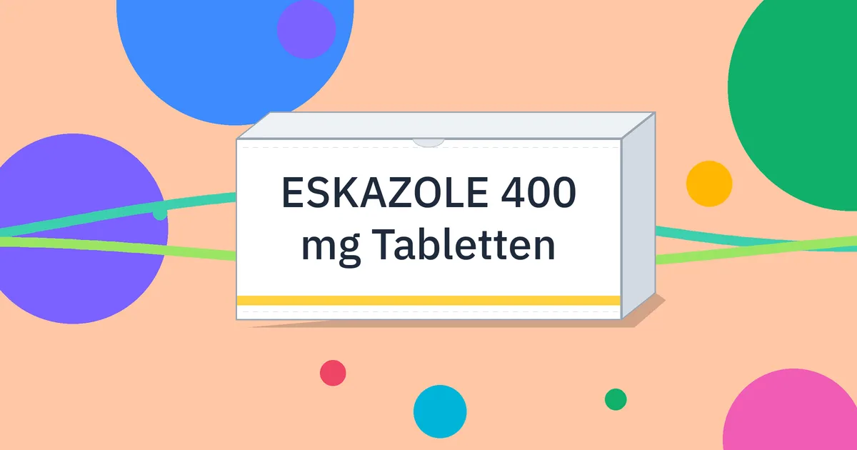 Symbolbild: Packung mit der Aufschrift ESKAZOLE 400 mg Tabletten (PZN 02534817) – Verfügbarkeit und Bezug in Apotheken in Frankfurt am Main