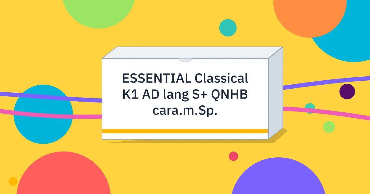 Symbolbild: Packung mit der Aufschrift ESSENTIAL Classical K1 AD lang S+ QNHB cara.m.Sp. (PZN 18866898) – Verfügbarkeit und Bezug in Apotheken in Frankfurt am Main