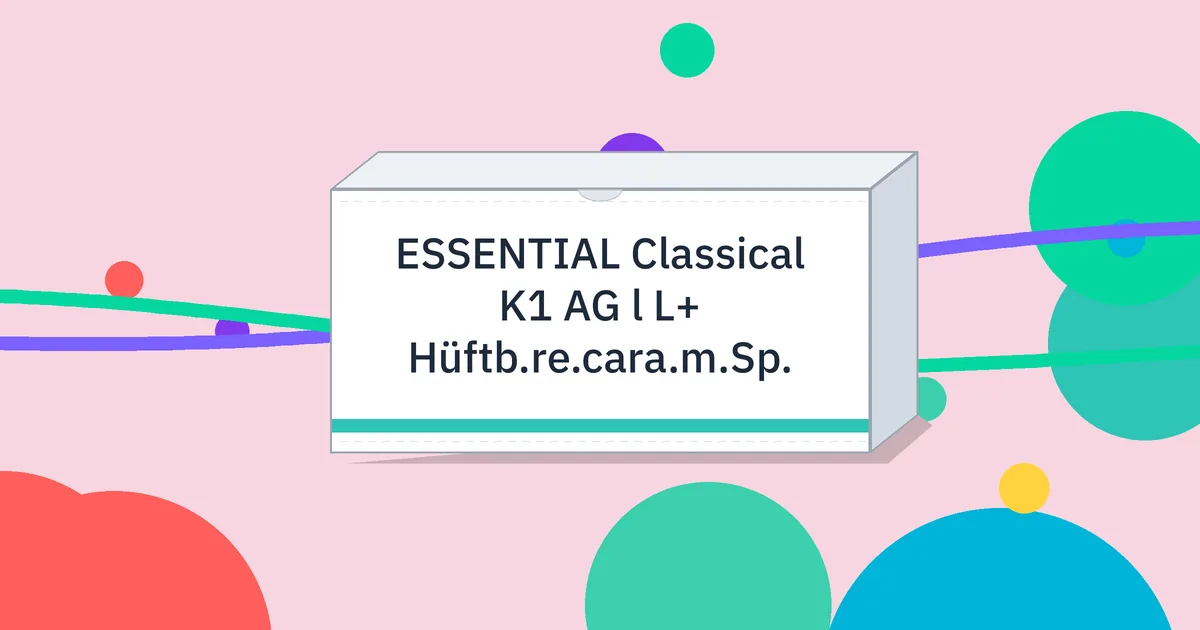 Symbolbild: Packung mit der Aufschrift ESSENTIAL Classical K1 AG l L+ Hüftb.re.cara.m.Sp. (PZN 17011918) – Verfügbarkeit und Bezug in Apotheken in Frankfurt am Main