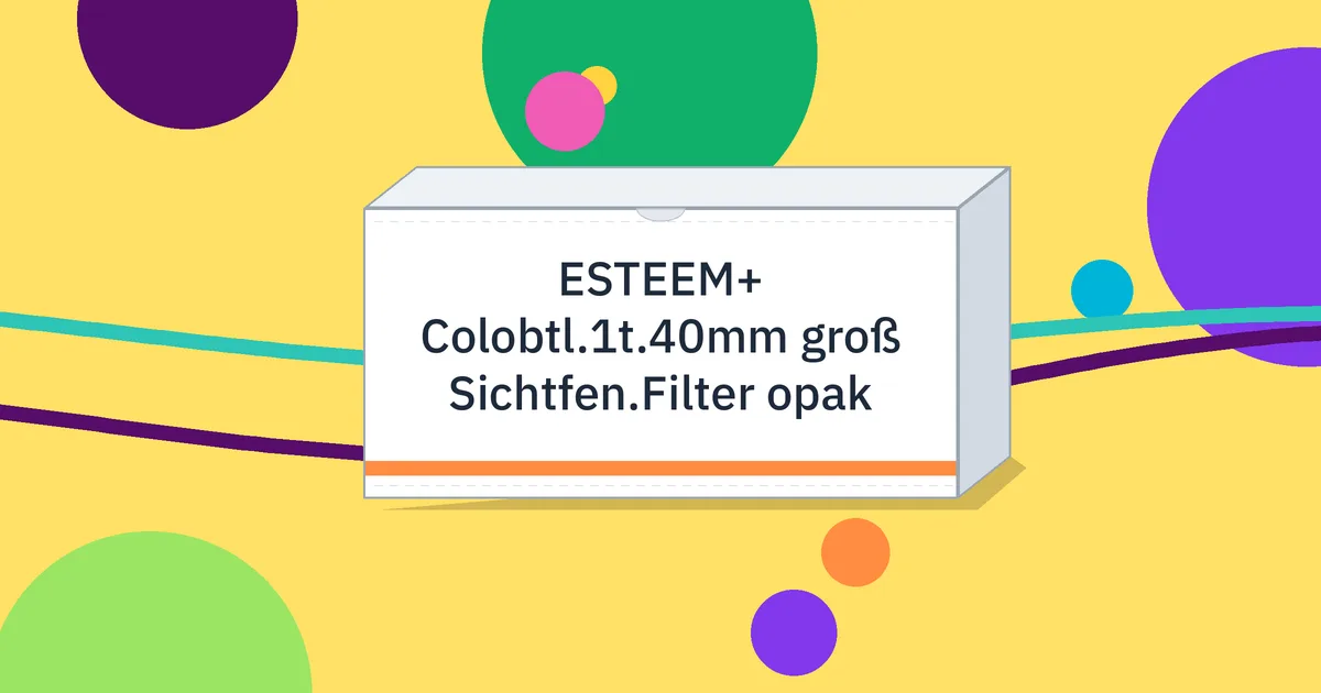 Symbolbild: Packung mit der Aufschrift ESTEEM+ Colobtl.1t.40mm groß Sichtfen.Filter opak (PZN 13233154) – Verfügbarkeit und Bezug in Apotheken in Frankfurt am Main