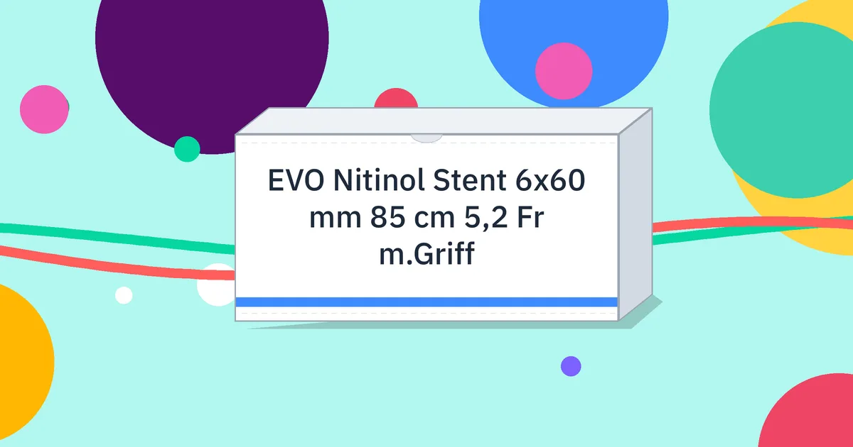 Symbolbild: Packung mit der Aufschrift EVO Nitinol Stent 6x60 mm 85 cm 5,2 Fr m.Griff (PZN 00223289) – Verfügbarkeit und Bezug in Apotheken in Frankfurt am Main
