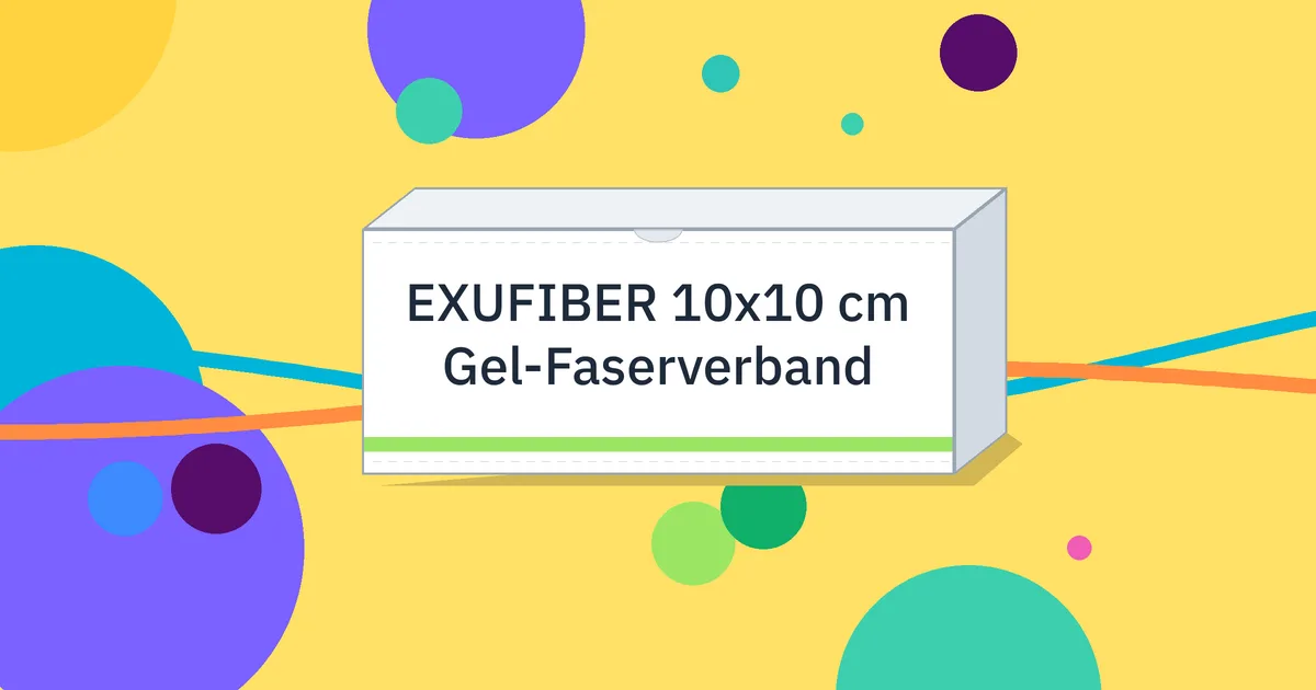 Symbolbild: Packung mit der Aufschrift EXUFIBER 10x10 cm Gel-Faserverband (PZN 19752085) – Verfügbarkeit und Bezug in Apotheken in Frankfurt am Main