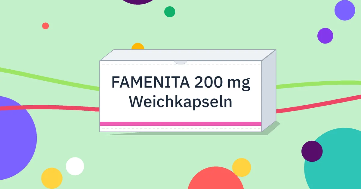 Symbolbild: Packung mit der Aufschrift FAMENITA 200 mg Weichkapseln (PZN 09915215) – Verfügbarkeit und Bezug in Apotheken in Frankfurt am Main