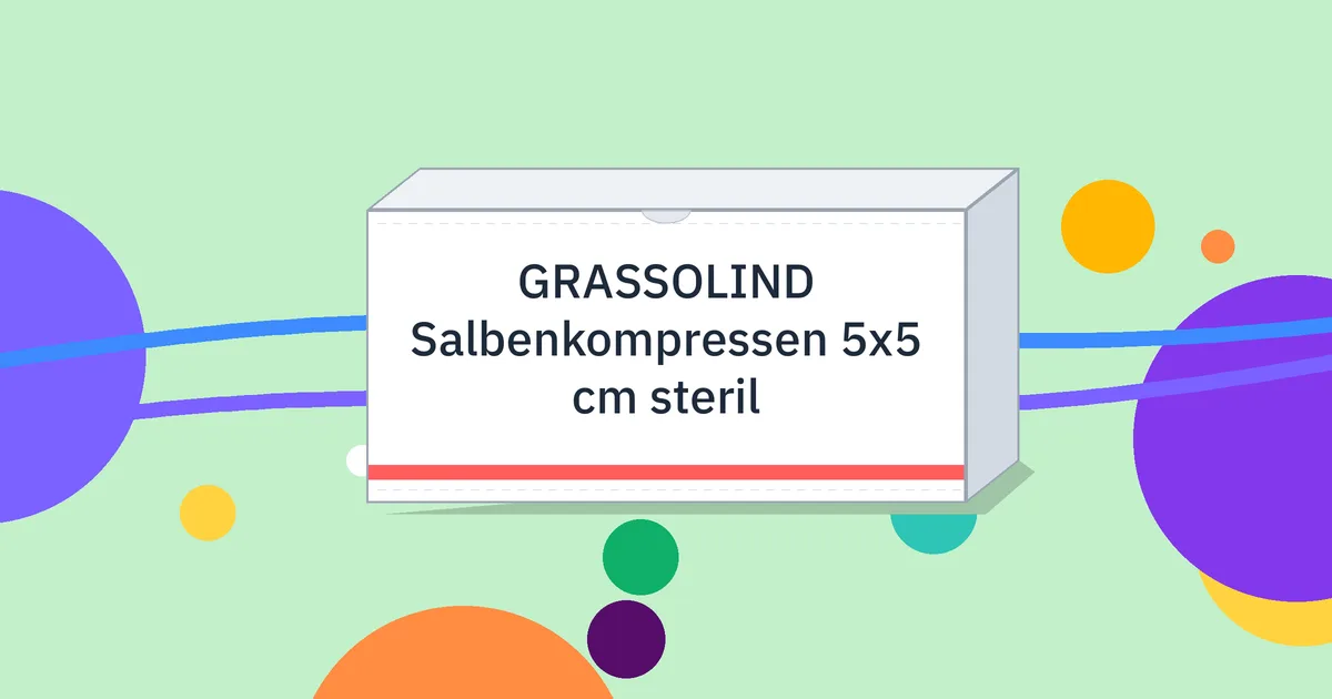 Symbolbild: Packung mit der Aufschrift GRASSOLIND Salbenkompressen 5x5 cm steril (PZN 20573761) – Verfügbarkeit und Bezug in Apotheken in Frankfurt am Main