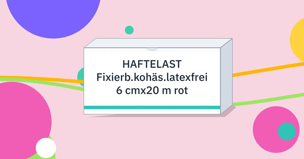 Symbolbild: Packung mit der Aufschrift HAFTELAST Fixierb.kohäs.latexfrei 6 cmx20 m rot (PZN 11382536) – Verfügbarkeit und Bezug in Apotheken in Frankfurt am Main