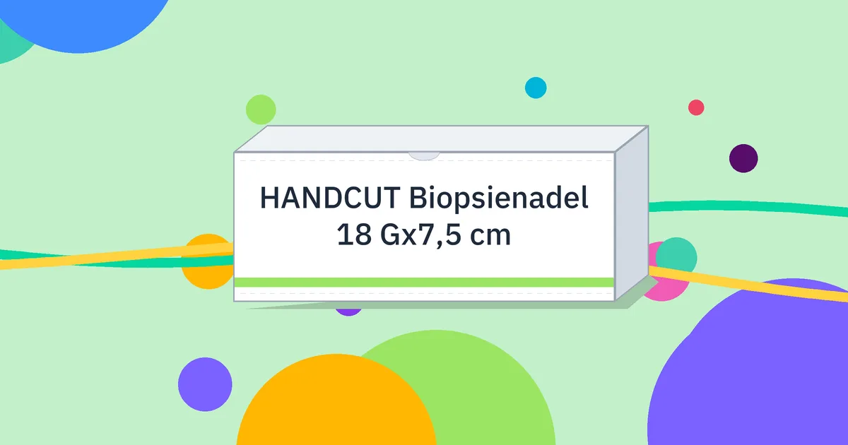 Symbolbild: Packung mit der Aufschrift HANDCUT Biopsienadel 18 Gx7,5 cm (PZN 16921653) – Verfügbarkeit und Bezug in Apotheken in Frankfurt am Main