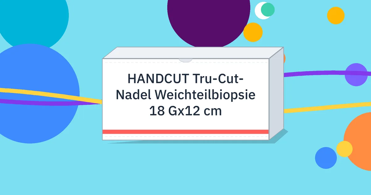 Symbolbild: Packung mit der Aufschrift HANDCUT Tru-Cut-Nadel Weichteilbiopsie 18 Gx12 cm (PZN 19736465) – Verfügbarkeit und Bezug in Apotheken in Frankfurt am Main