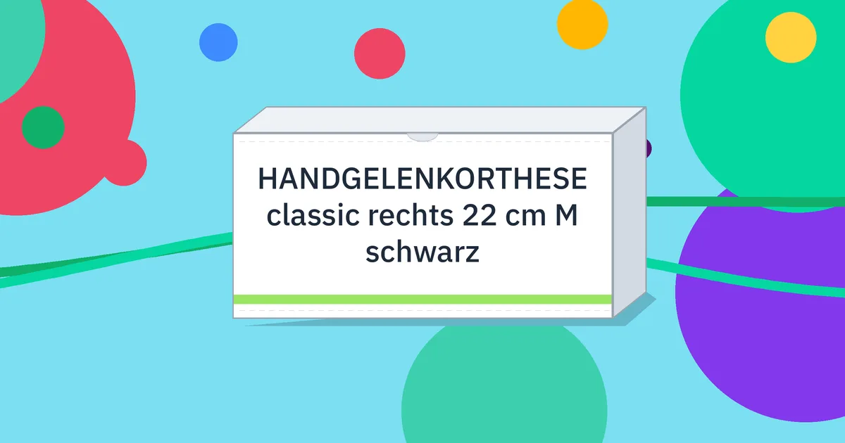 Symbolbild: Packung mit der Aufschrift HANDGELENKORTHESE classic rechts 22 cm M schwarz (PZN 13827273) – Verfügbarkeit und Bezug in Apotheken in Frankfurt am Main