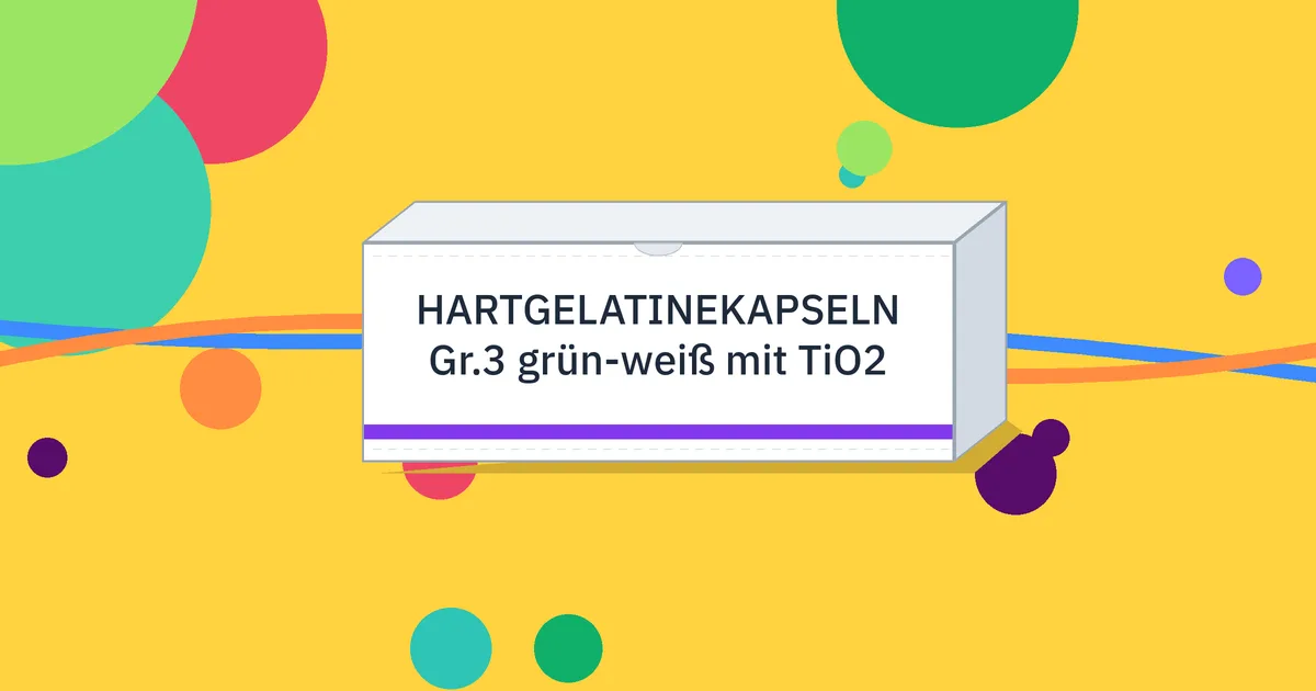 Symbolbild: Packung mit der Aufschrift HARTGELATINEKAPSELN Gr.3 grün-weiß mit TiO2 (PZN 18770460) – Verfügbarkeit und Bezug in Apotheken in Frankfurt am Main
