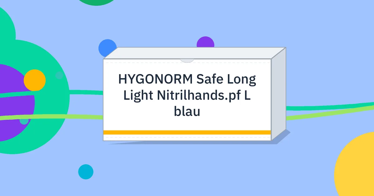 Symbolbild: Packung mit der Aufschrift HYGONORM Safe Long Light Nitrilhands.pf L blau (PZN 20772472) – Verfügbarkeit und Bezug in Apotheken in Frankfurt am Main