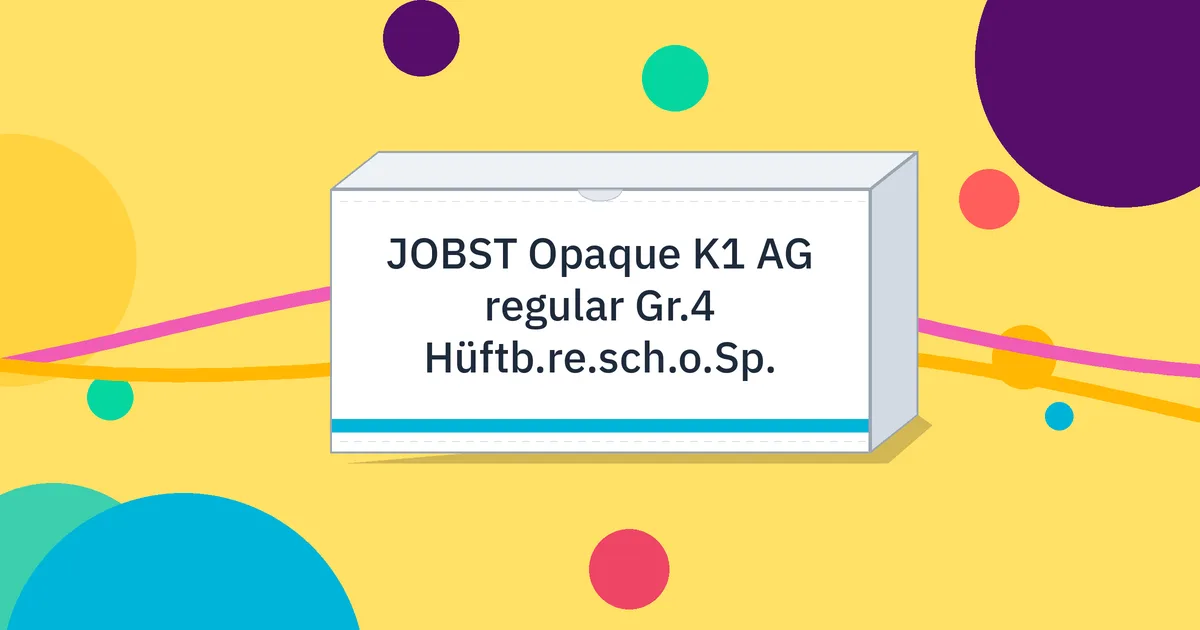 Symbolbild: Packung mit der Aufschrift JOBST Opaque K1 AG regular Gr.4 Hüftb.re.sch.o.Sp. (PZN 13101731) – Verfügbarkeit und Bezug in Apotheken in Frankfurt am Main