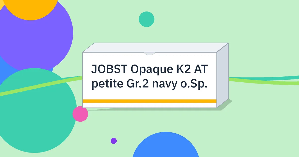 Symbolbild: Packung mit der Aufschrift JOBST Opaque K2 AT petite Gr.2 navy o.Sp. (PZN 13119725) – Verfügbarkeit und Bezug in Apotheken in Frankfurt am Main
