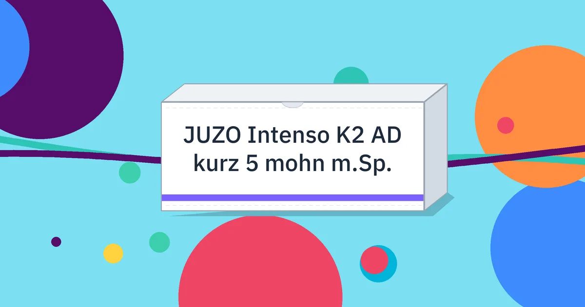 Symbolbild: Packung mit der Aufschrift JUZO Intenso K2 AD kurz 5 mohn m.Sp. (PZN 18607688) – Verfügbarkeit und Bezug in Apotheken in Frankfurt am Main