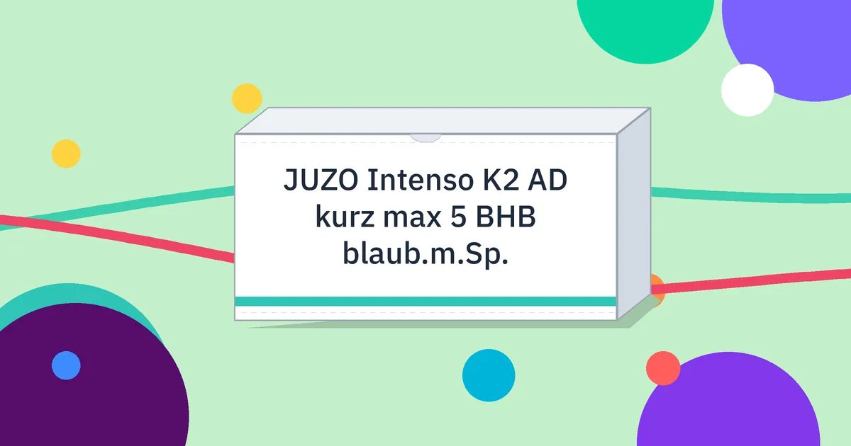 Symbolbild: Packung mit der Aufschrift JUZO Intenso K2 AD kurz max 5 BHB blaub.m.Sp. (PZN 18615771) – Verfügbarkeit und Bezug in Apotheken in Frankfurt am Main
