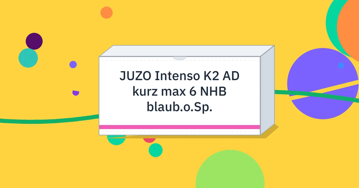 Symbolbild: Packung mit der Aufschrift JUZO Intenso K2 AD kurz max 6 NHB blaub.o.Sp. (PZN 18622788) – Verfügbarkeit und Bezug in Apotheken in Frankfurt am Main