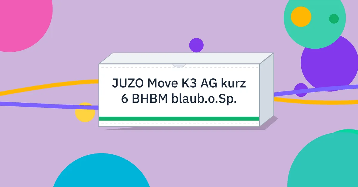Symbolbild: Packung mit der Aufschrift JUZO Move K3 AG kurz 6 BHBM blaub.o.Sp. (PZN 18593905) – Verfügbarkeit und Bezug in Apotheken in Frankfurt am Main
