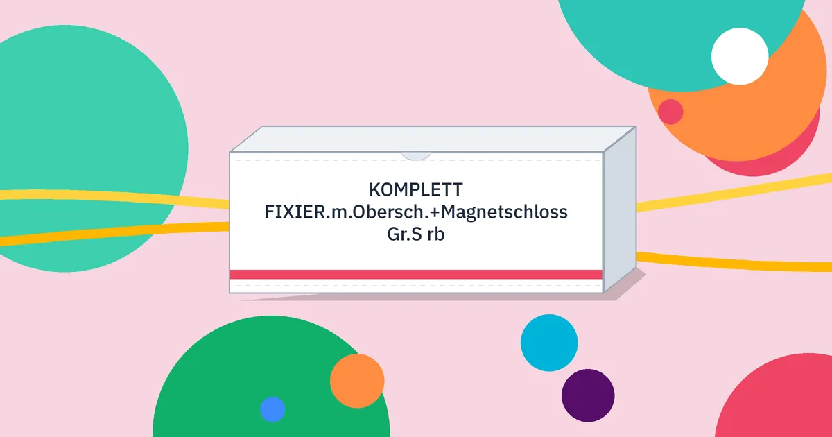 Symbolbild: Packung mit der Aufschrift KOMPLETT FIXIER.m.Obersch.+Magnetschloss Gr.S rb (PZN 11573733) – Verfügbarkeit und Bezug in Apotheken in Frankfurt am Main