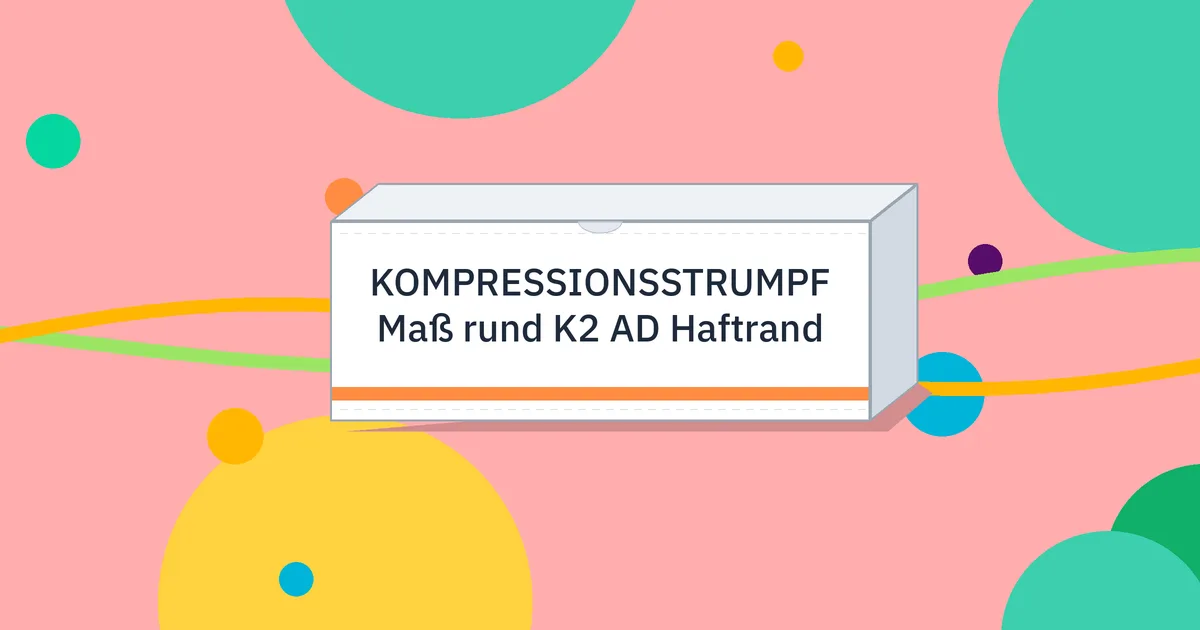 Symbolbild: Packung mit der Aufschrift KOMPRESSIONSSTRUMPF Maß rund K2 AD Haftrand (PZN 04773242) – Verfügbarkeit und Bezug in Apotheken in Frankfurt am Main