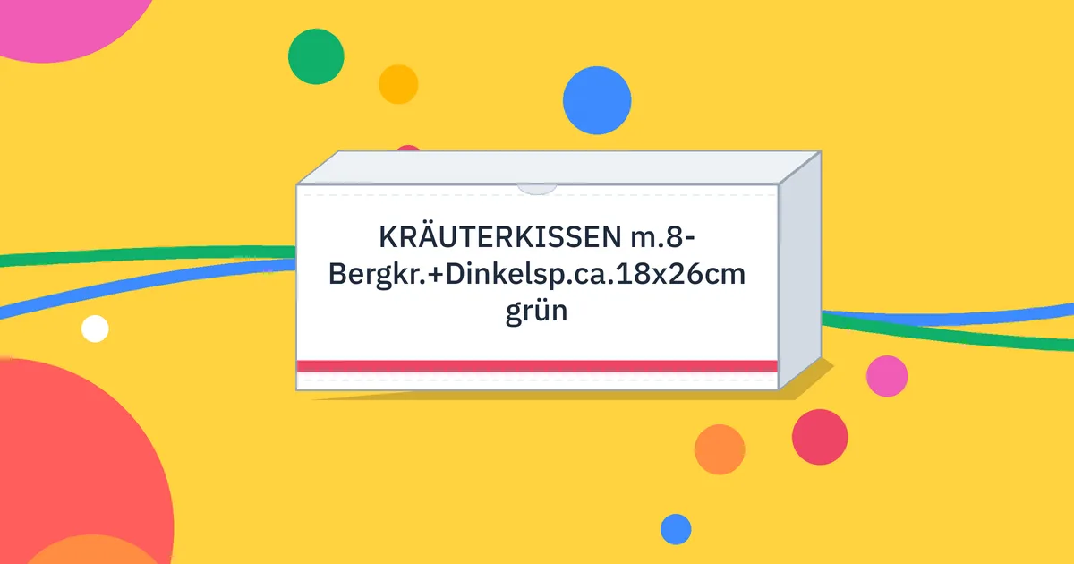 Symbolbild: Packung mit der Aufschrift KRÄUTERKISSEN m.8-Bergkr.+Dinkelsp.ca.18x26cm grün (PZN 16619486) – Verfügbarkeit und Bezug in Apotheken in Frankfurt am Main