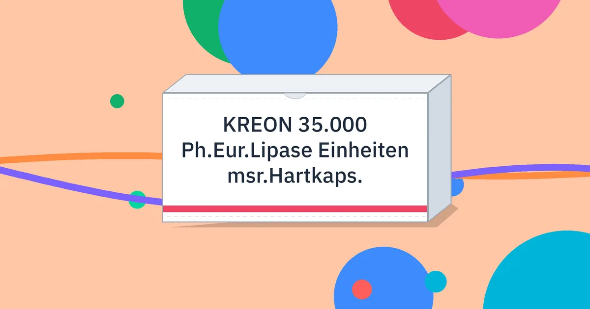 Symbolbild: Packung mit der Aufschrift KREON 35.000 Ph.Eur.Lipase Einheiten msr.Hartkaps. (PZN 14327727) – Verfügbarkeit und Bezug in Apotheken in Frankfurt am Main