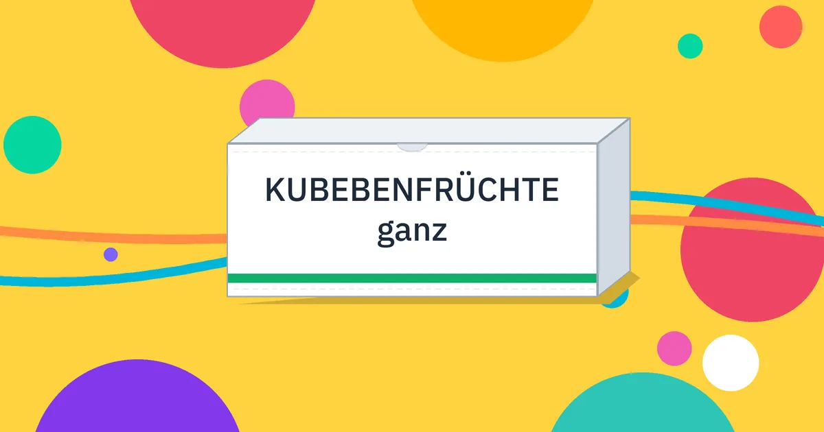 Symbolbild: Packung mit der Aufschrift KUBEBENFRÜCHTE ganz (PZN 16325508) – Verfügbarkeit und Bezug in Apotheken in Frankfurt am Main