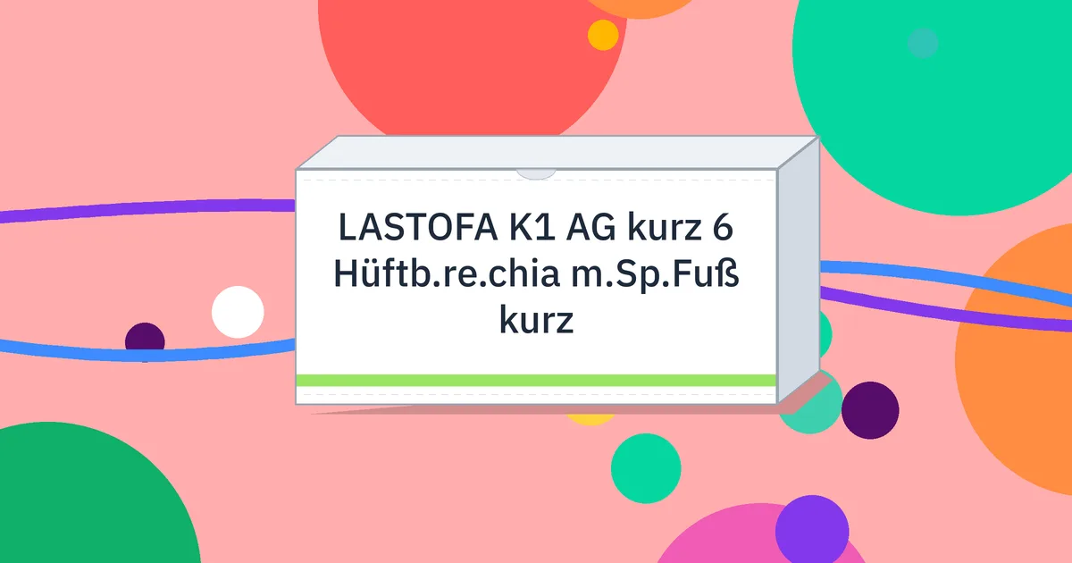 Symbolbild: Packung mit der Aufschrift LASTOFA K1 AG kurz 6 Hüftb.re.chia m.Sp.Fuß kurz (PZN 13799039) – Verfügbarkeit und Bezug in Apotheken in Frankfurt am Main