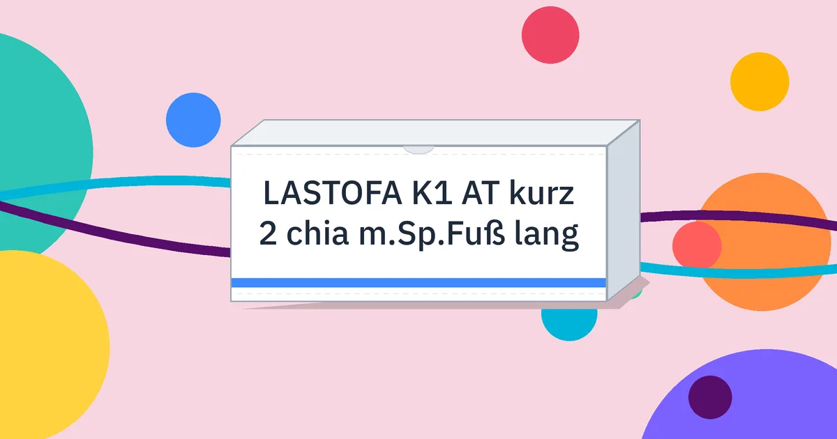 Symbolbild: Packung mit der Aufschrift LASTOFA K1 AT kurz 2 chia m.Sp.Fuß lang (PZN 13795395) – Verfügbarkeit und Bezug in Apotheken in Frankfurt am Main
