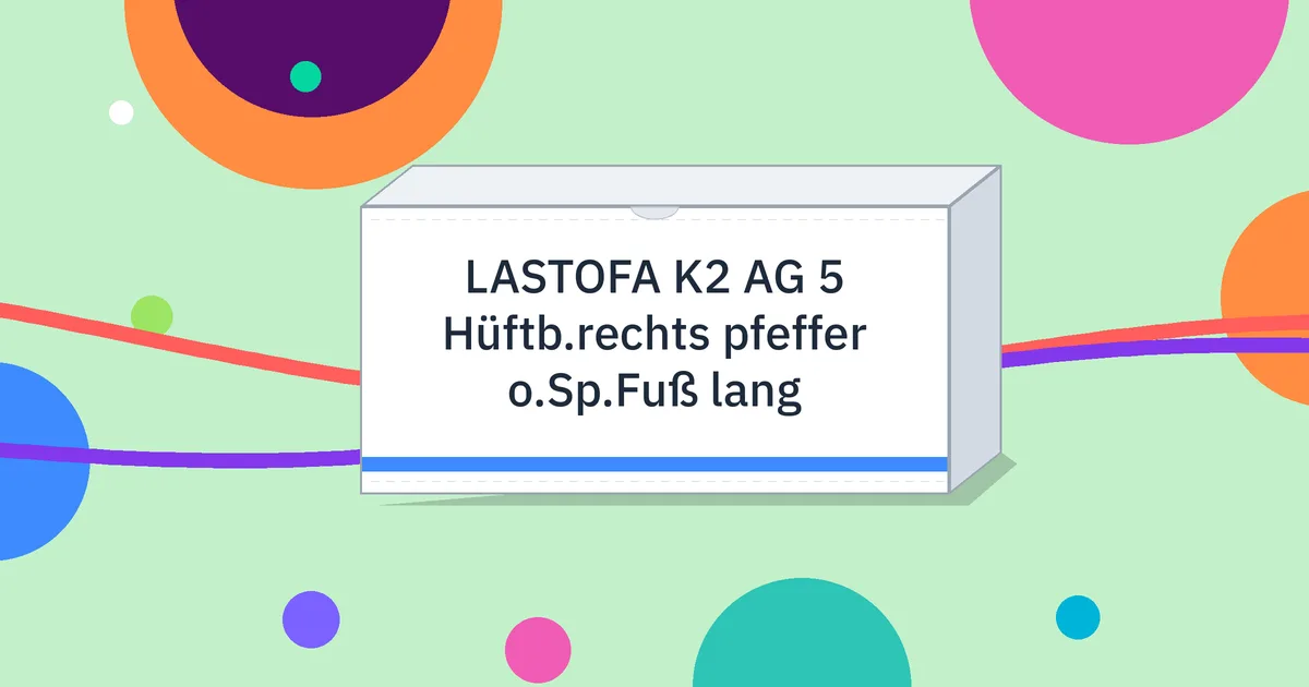 Symbolbild: Packung mit der Aufschrift LASTOFA K2 AG 5 Hüftb.rechts pfeffer o.Sp.Fuß lang (PZN 14152624) – Verfügbarkeit und Bezug in Apotheken in Frankfurt am Main