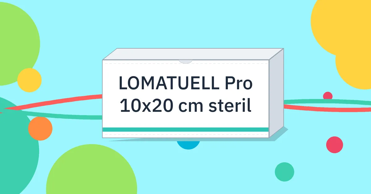 Symbolbild: Packung mit der Aufschrift LOMATUELL Pro 10x20 cm steril (PZN 18373569) – Verfügbarkeit und Bezug in Apotheken in Frankfurt am Main